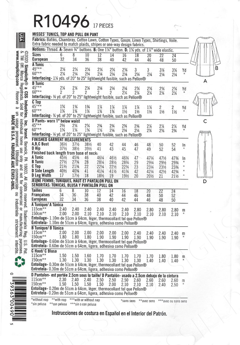 Uncut Simplicity Sewing Pattern 10496 9113 Misses' Tunic, Top & Pull on ...