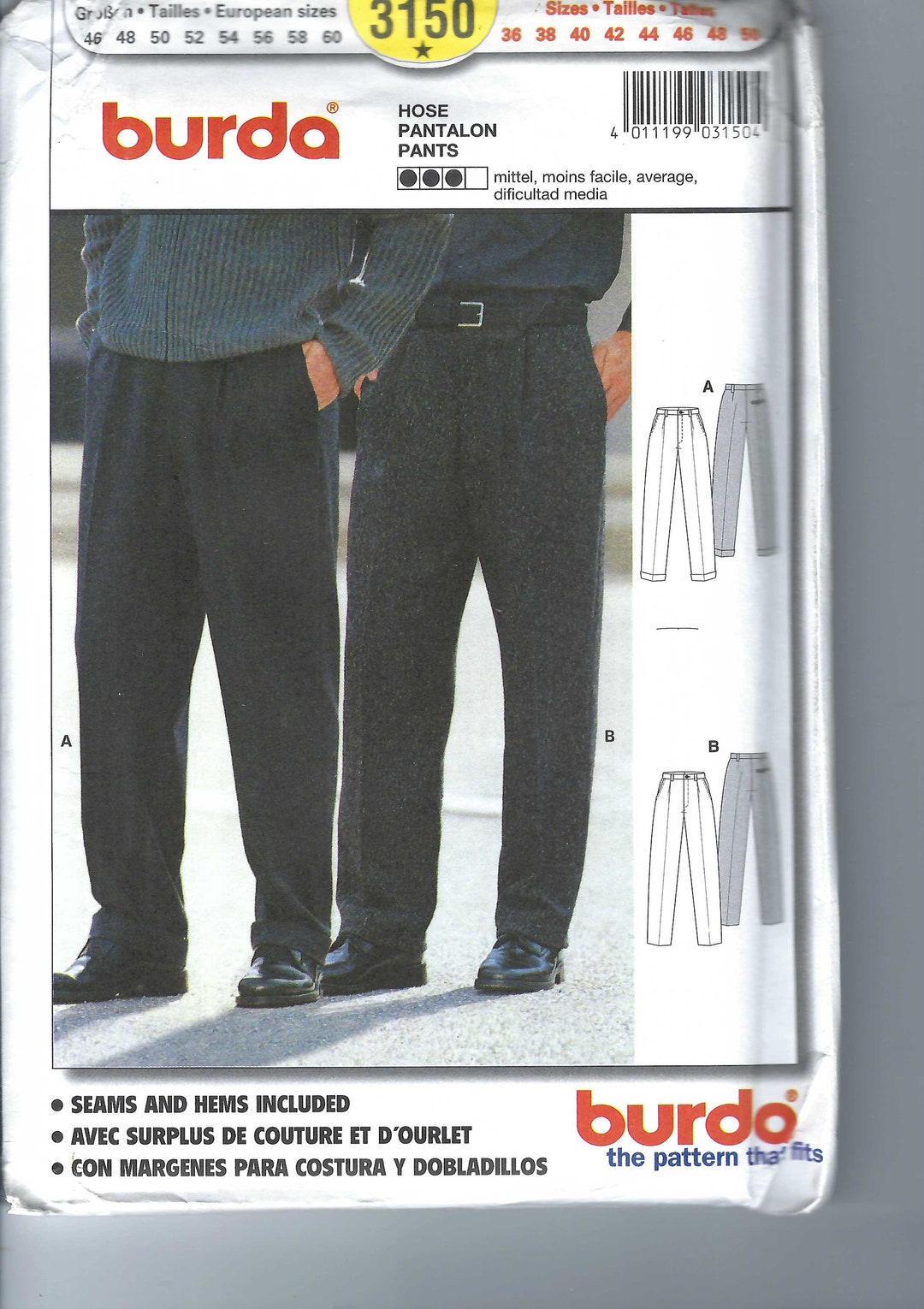 Uncut Burda Sewing Pattern 3150 Mens Formal Suit Pants Trousers Size 36 ...