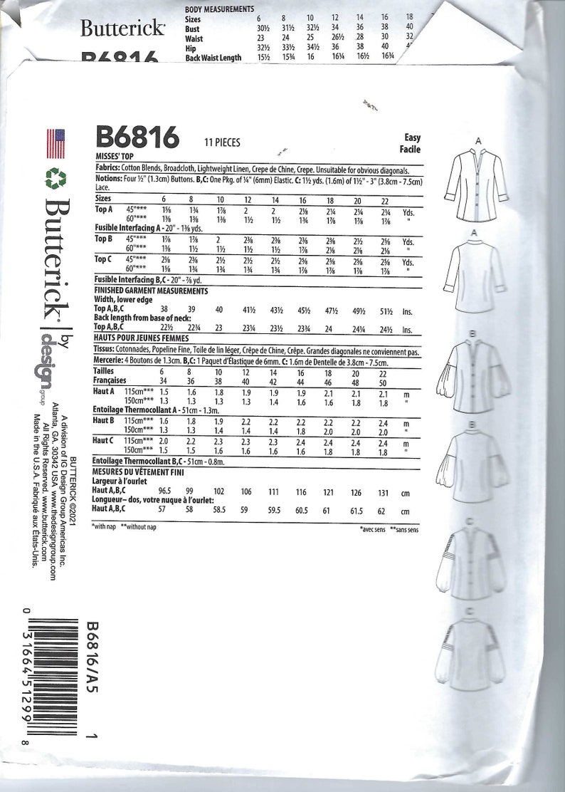 Uncut Butterick Sewing Pattern 10964 6816 Misses' Top Size - Etsy