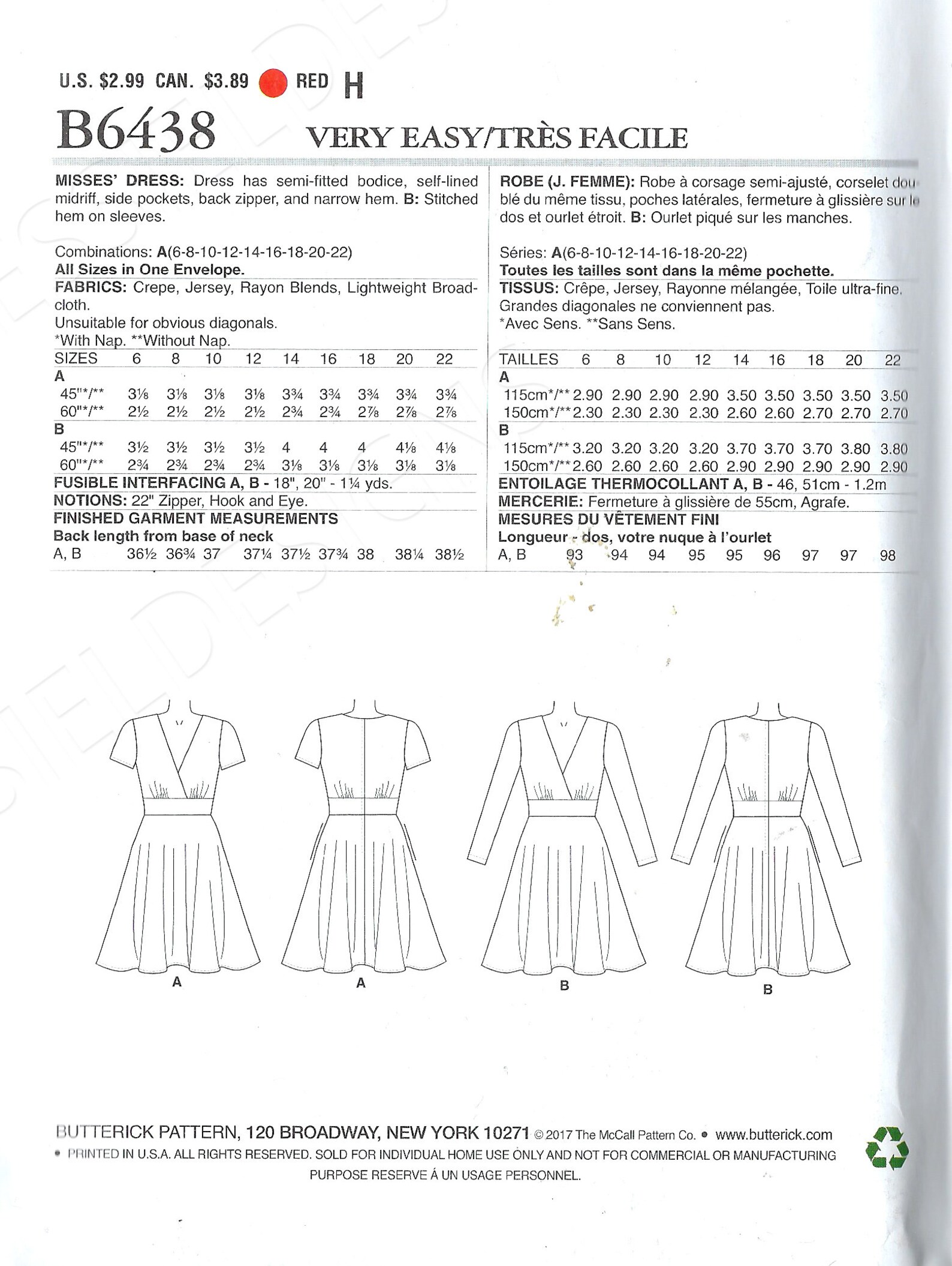 Uncut Butterick Sewing Pattern 6438 Womens Dresses in Misses - Etsy