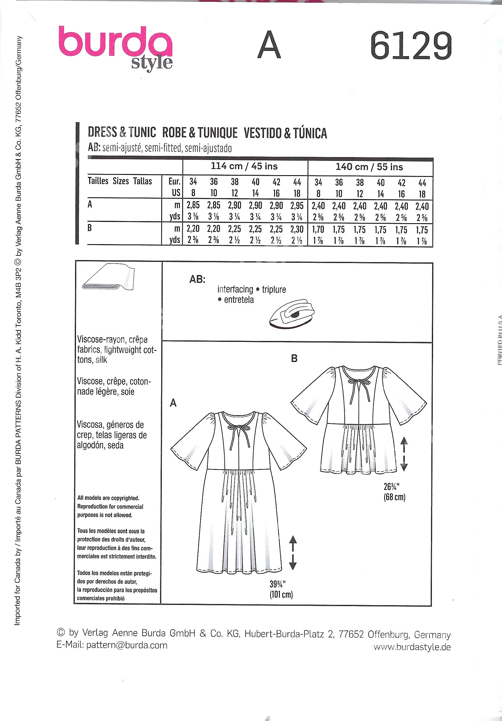 Uncut Burda Style Sewing Pattern 6129 Knee Length Dress and Tunic Size ...