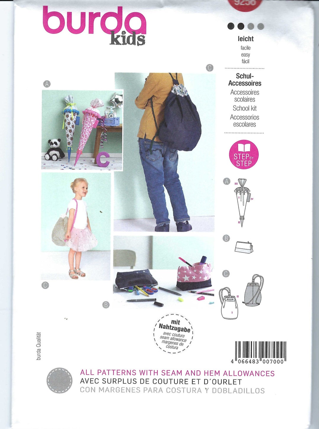 Uncut Burda Sewing Pattern 9256 School Cone, Pencil Case and Gym Bag FF ...