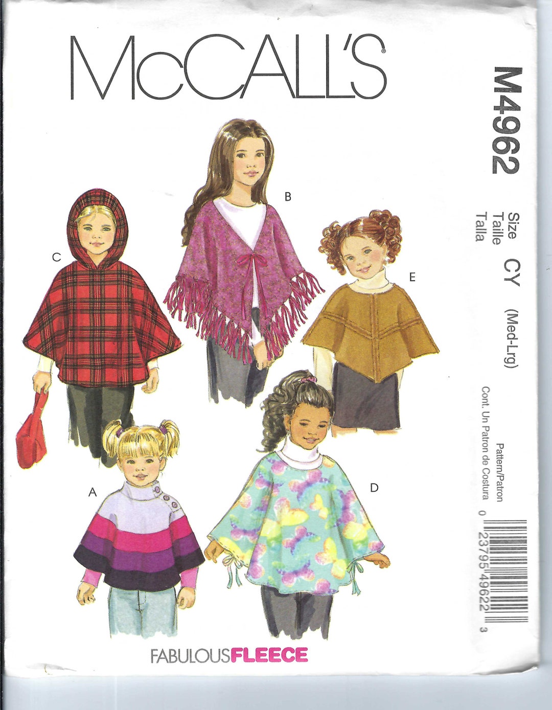 Uncut Mccall's Sewing Pattern 4962 Children's and Girl's Ponchos Size M ...