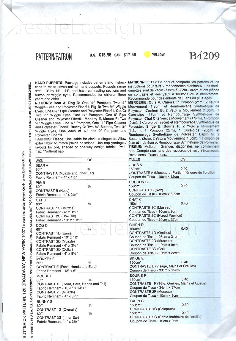 Uncut Butterick Sewing Pattern 4209 Kids Hand Puppets Dog Pig - Etsy