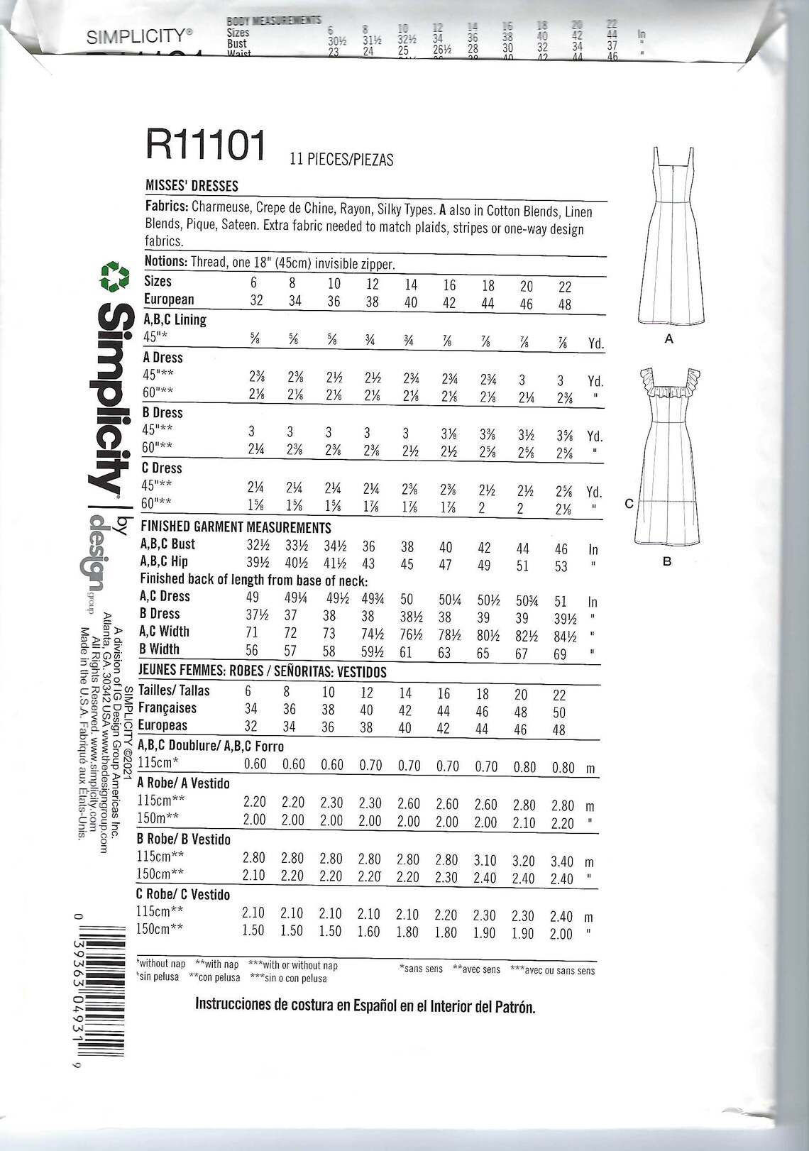 Uncut Simplicity Pattern 11101 9326 Misses' Dresses Size - Etsy