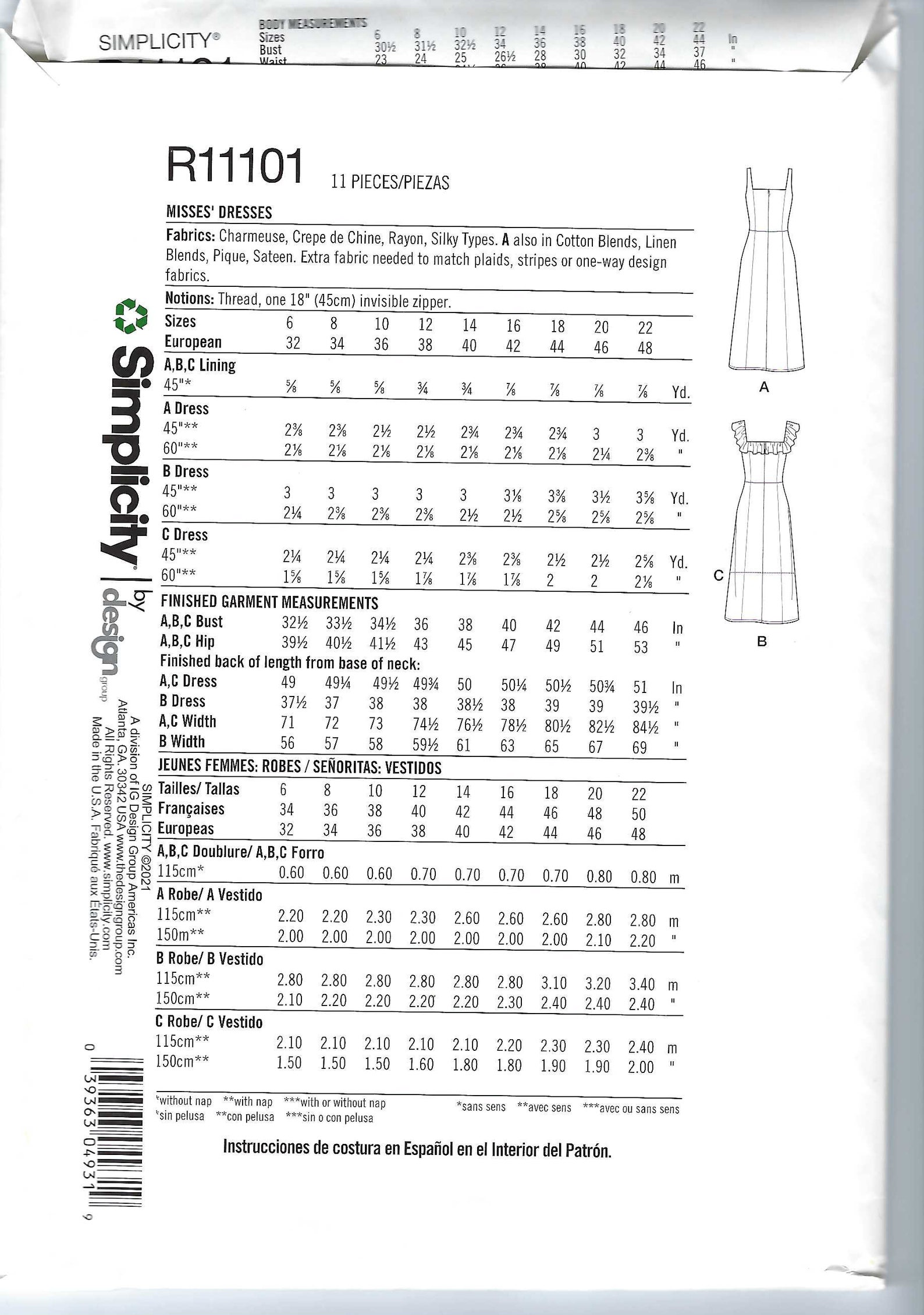 Uncut Simplicity Pattern 11101 9326 Misses' Dresses Size - Etsy