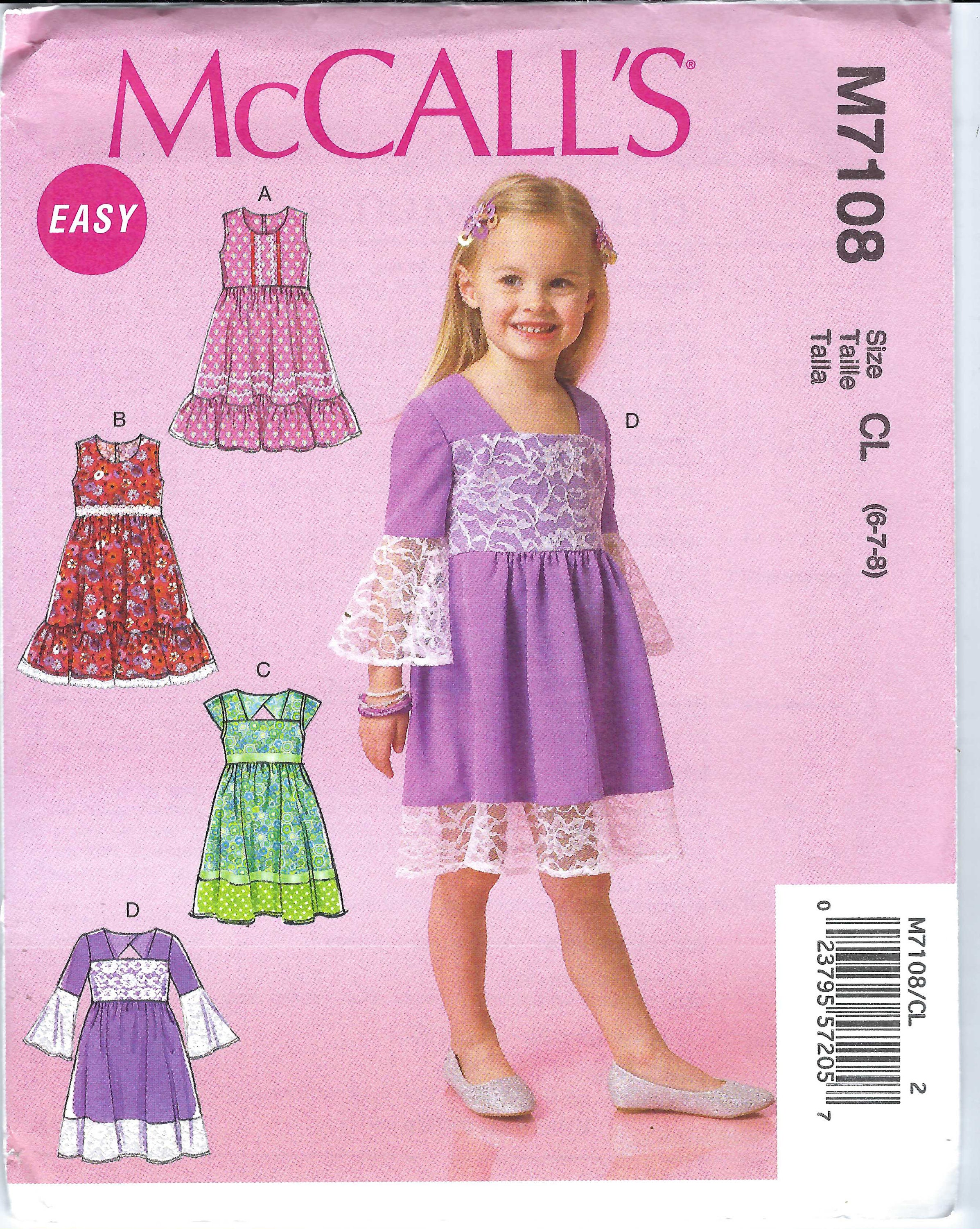 Uncut Mccalls Sewing Pattern Girls' Dresses. Easy Mccall's Pattern 7108 ...