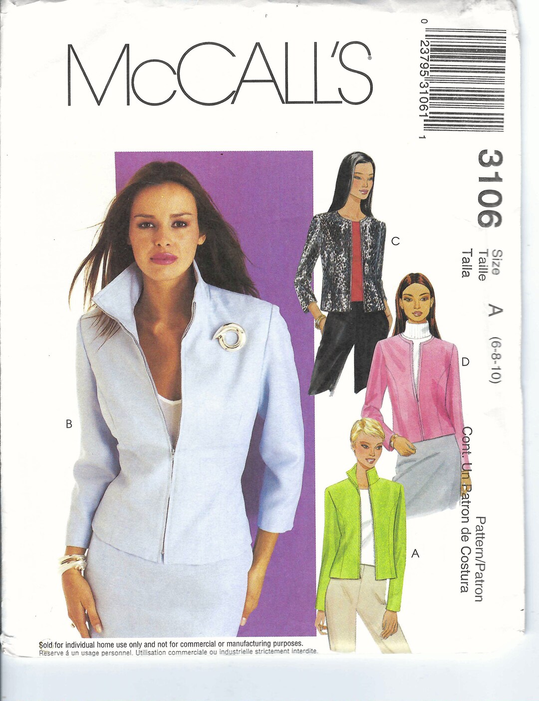 Uncut Mccall's Sewing Pattern 3106 Lined Jacket Coat Blazer Misses Size ...