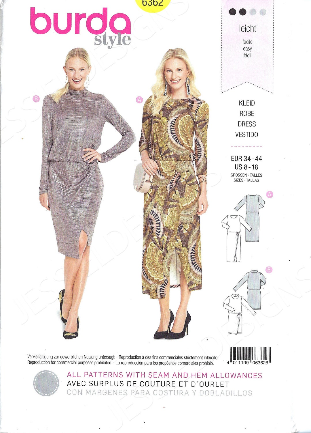 Uncut Burda Style Sewing Pattern 6362 Misses' Jersey Dresses With a Two ...