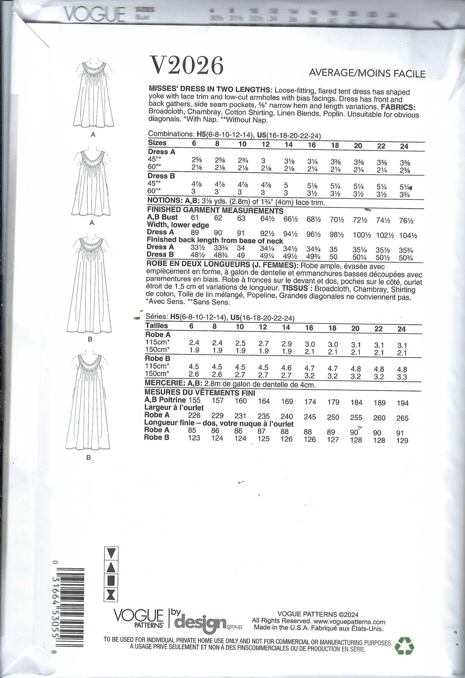 Uncut Vogue Sewing Pattern 2026 Misses' Dress in Two Lengths Size 6-14 ...