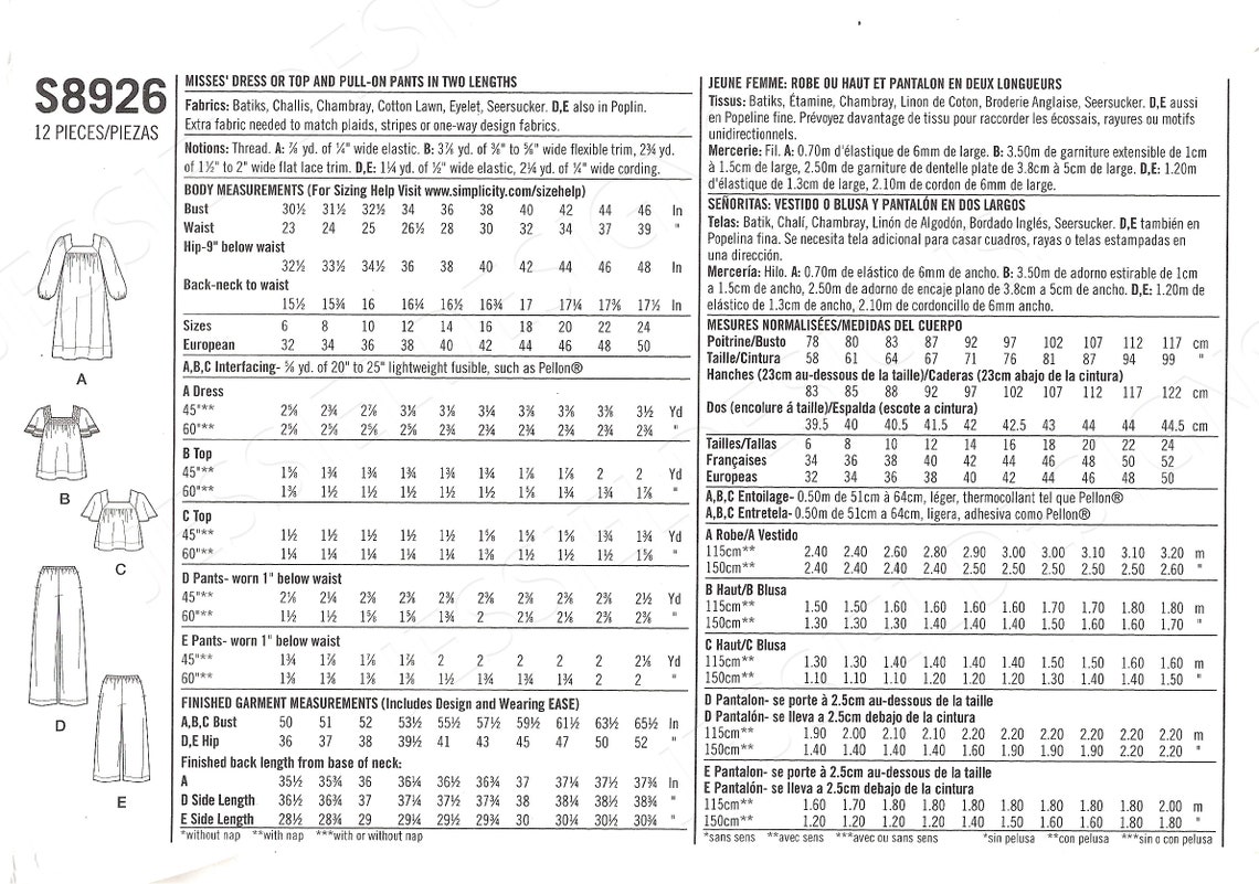 Uncut Simplicity Sewing Pattern 8926 10195 Misses' Dress or Top and ...