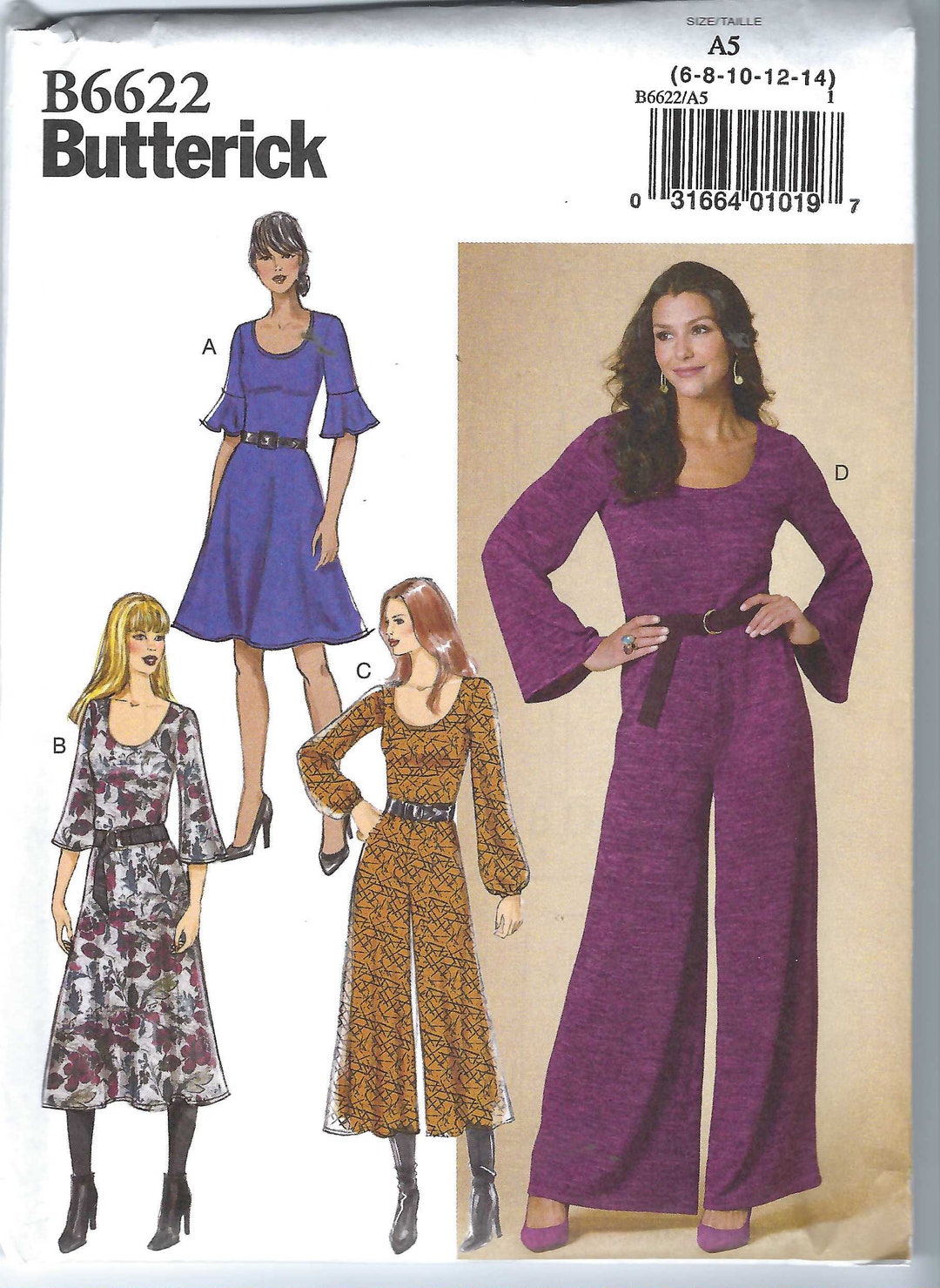 Uncut Butterick Sewing Pattern 6622 Misses Jumpsuit and Dress Dress or ...