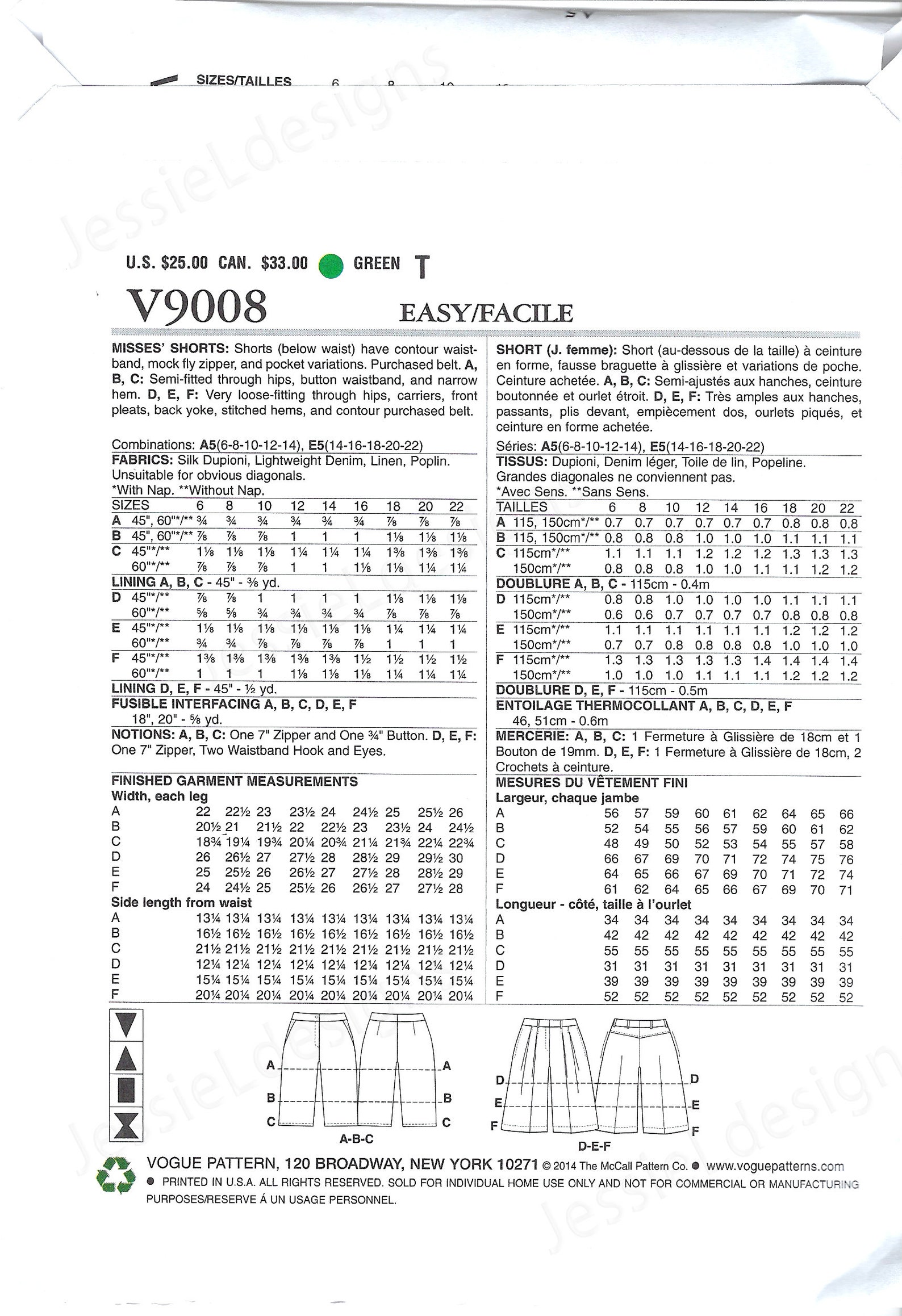 Uncut Vogue Sewing Pattern Pattern for Shorts - Vogue 9008 - Sizes 6-8 ...