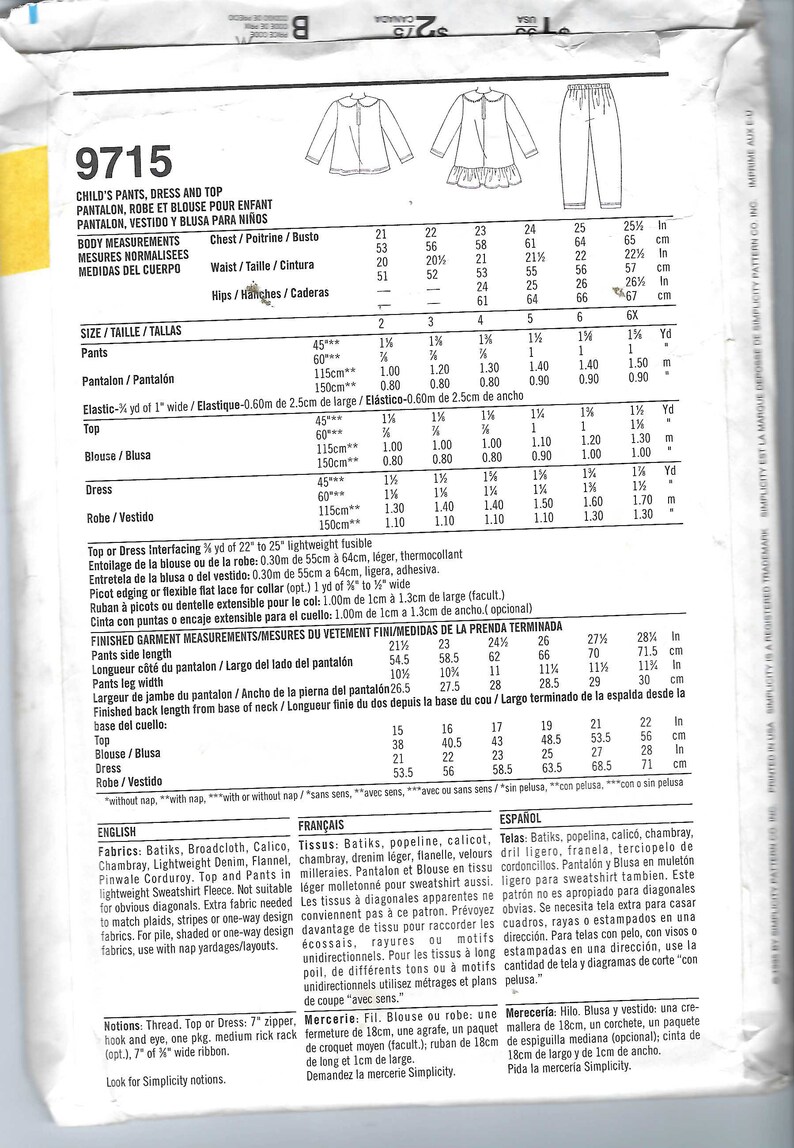 Uncut Vintage Simplicity Sewing Pattern 9715 Pantsdress and - Etsy