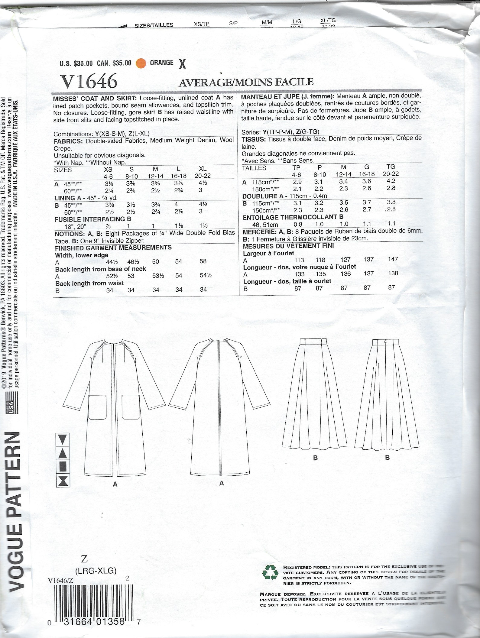 Uncut Vogue Sewing Pattern 1646 Misses' Coat and Skirt Size Xs-s-m L-xl ...