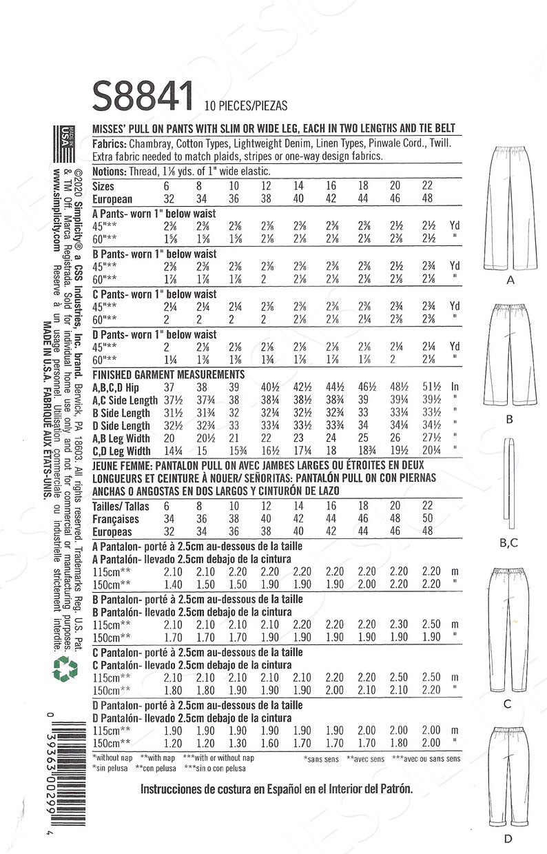 Uncut Simplicity Sewing Pattern 10135 S8841 8841 Easy to Sew Misses ...