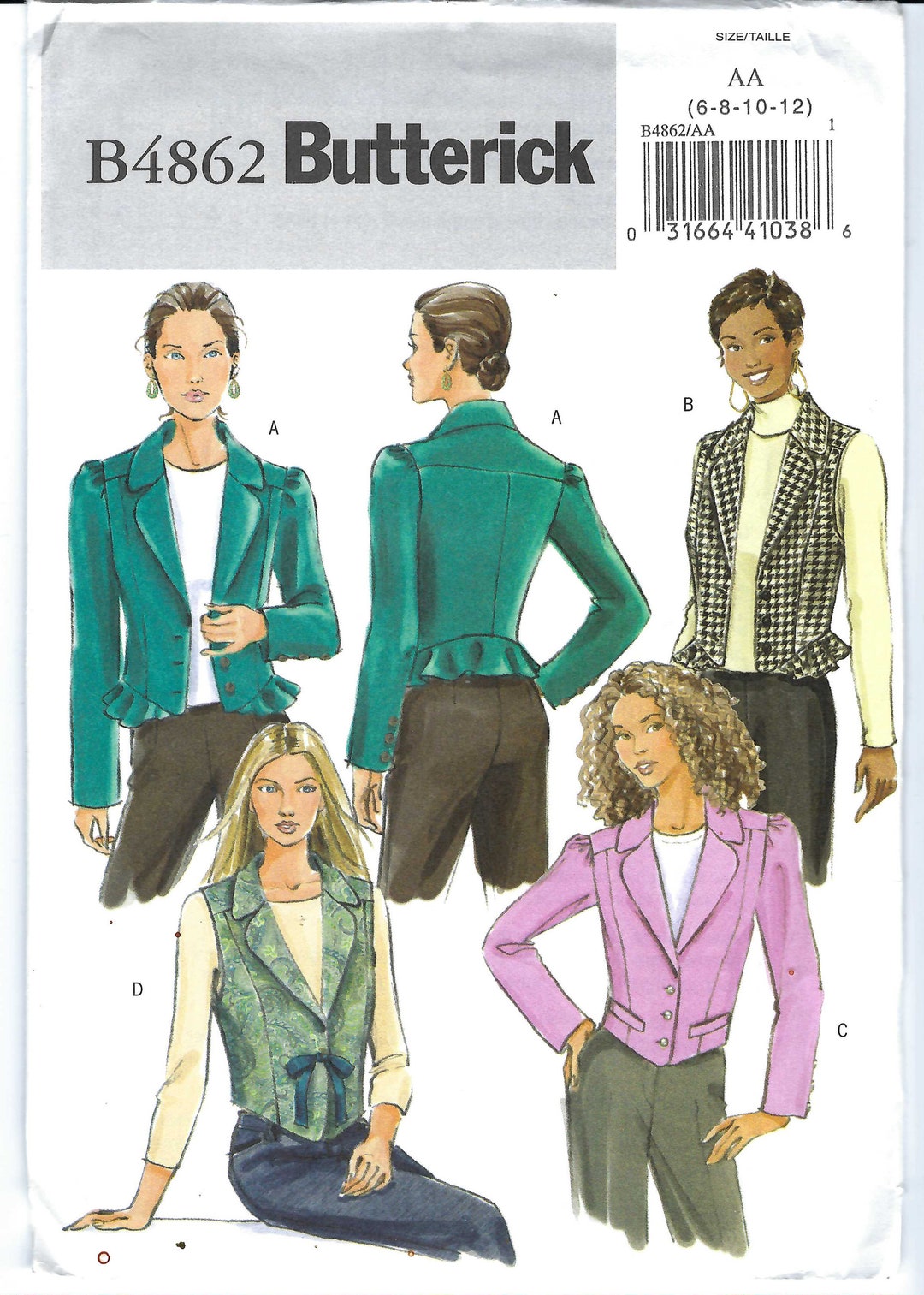 Uncut Butterick Sewing Pattern Jackets & Vest Butterick 4862 Size 6-12 ...