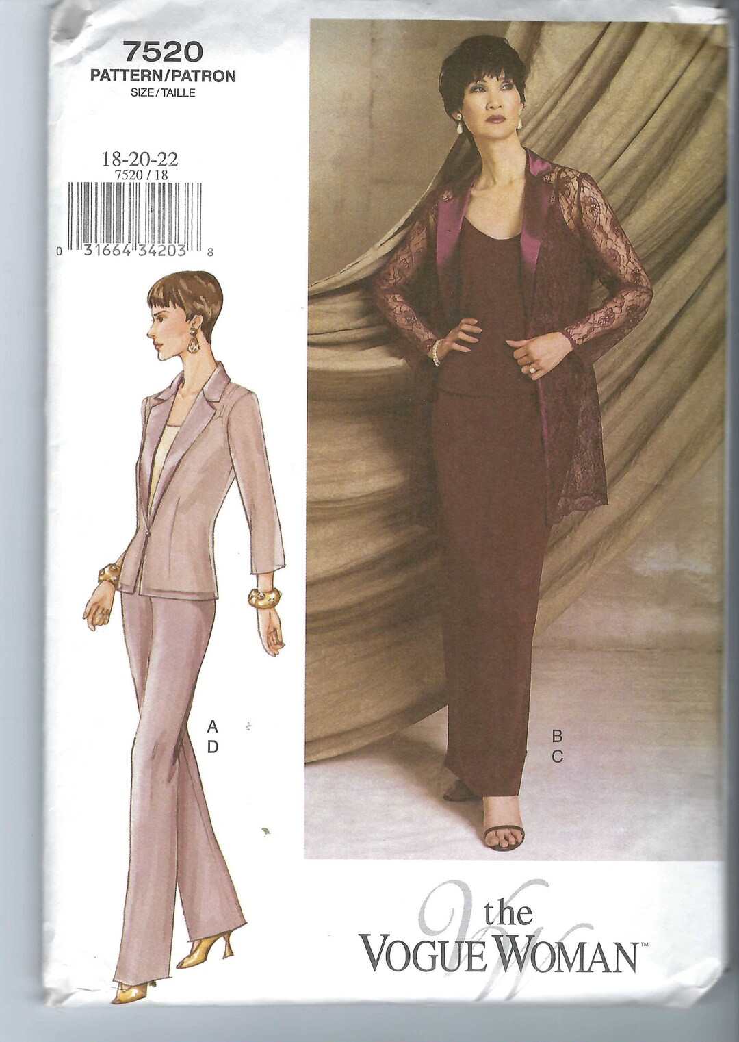 Uncut Vogue Sewing Pattern Collection 7520 Evening Suit Separates Size ...