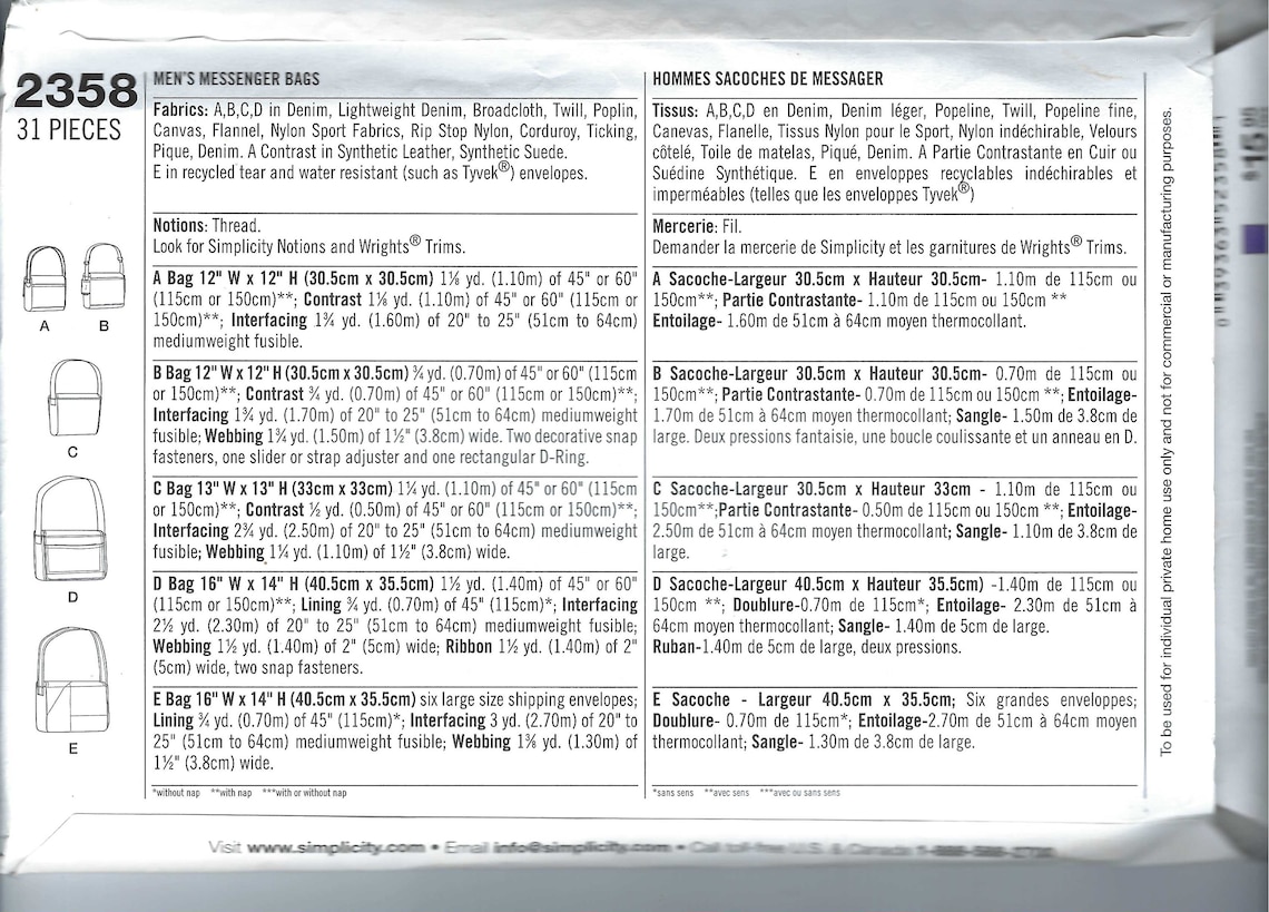 Uncut Simplicity Sewing Pattern 2358 Men's Messenger Bag - Etsy