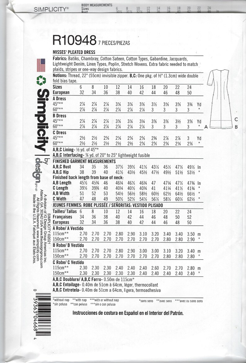 Uncut Simplicity Sewing Pattern 10948 9223 Misses Dress Size - Etsy