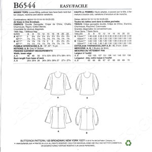 Uncut Simplicity Sewing Pattern 6544~misses' Tops~loose Fitting ...