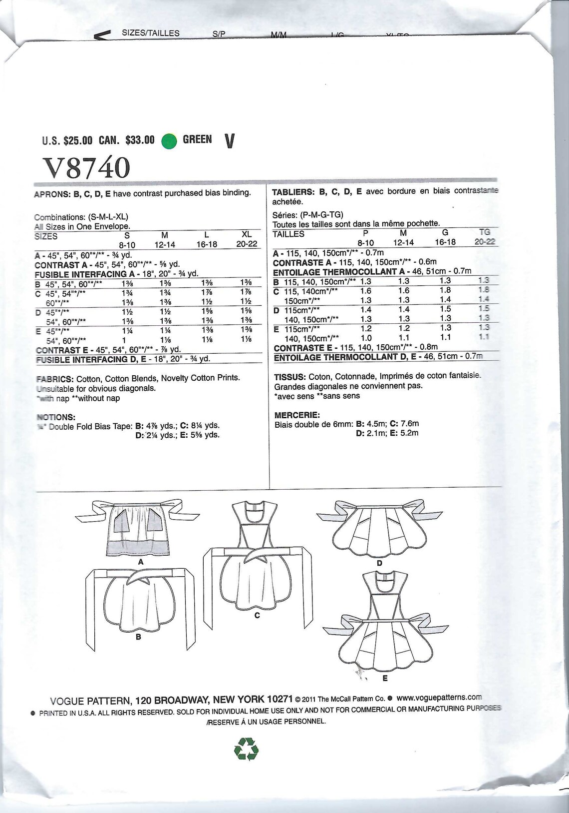 Uncut Vogue Sewing Pattern 8740 Pattern Apron 5 Versions Smock - Etsy