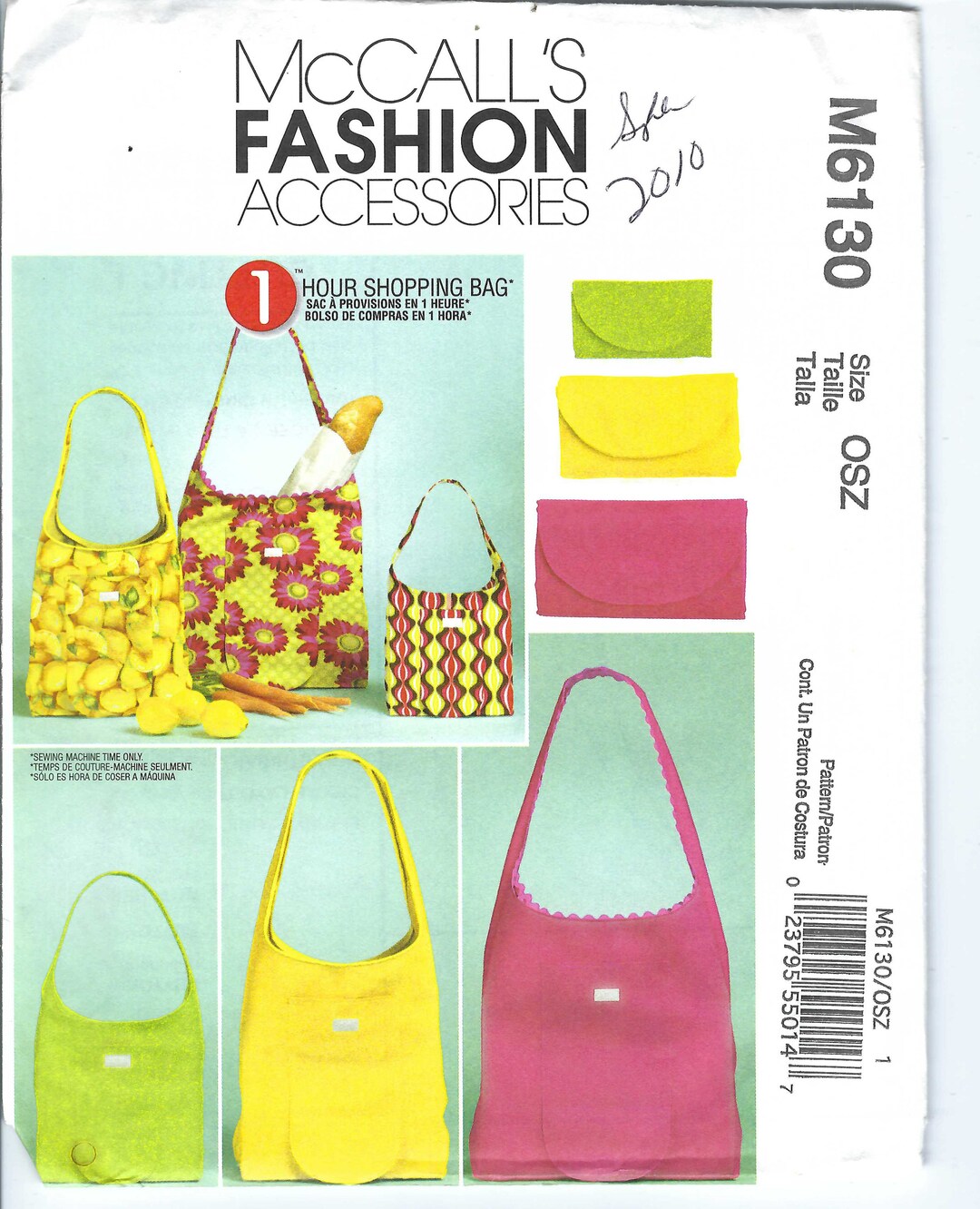 Uncut Mccalls Sewing Pattern Fashion Accessories Hand Bag 6130 1 Hour to Make Shopping Bag ...