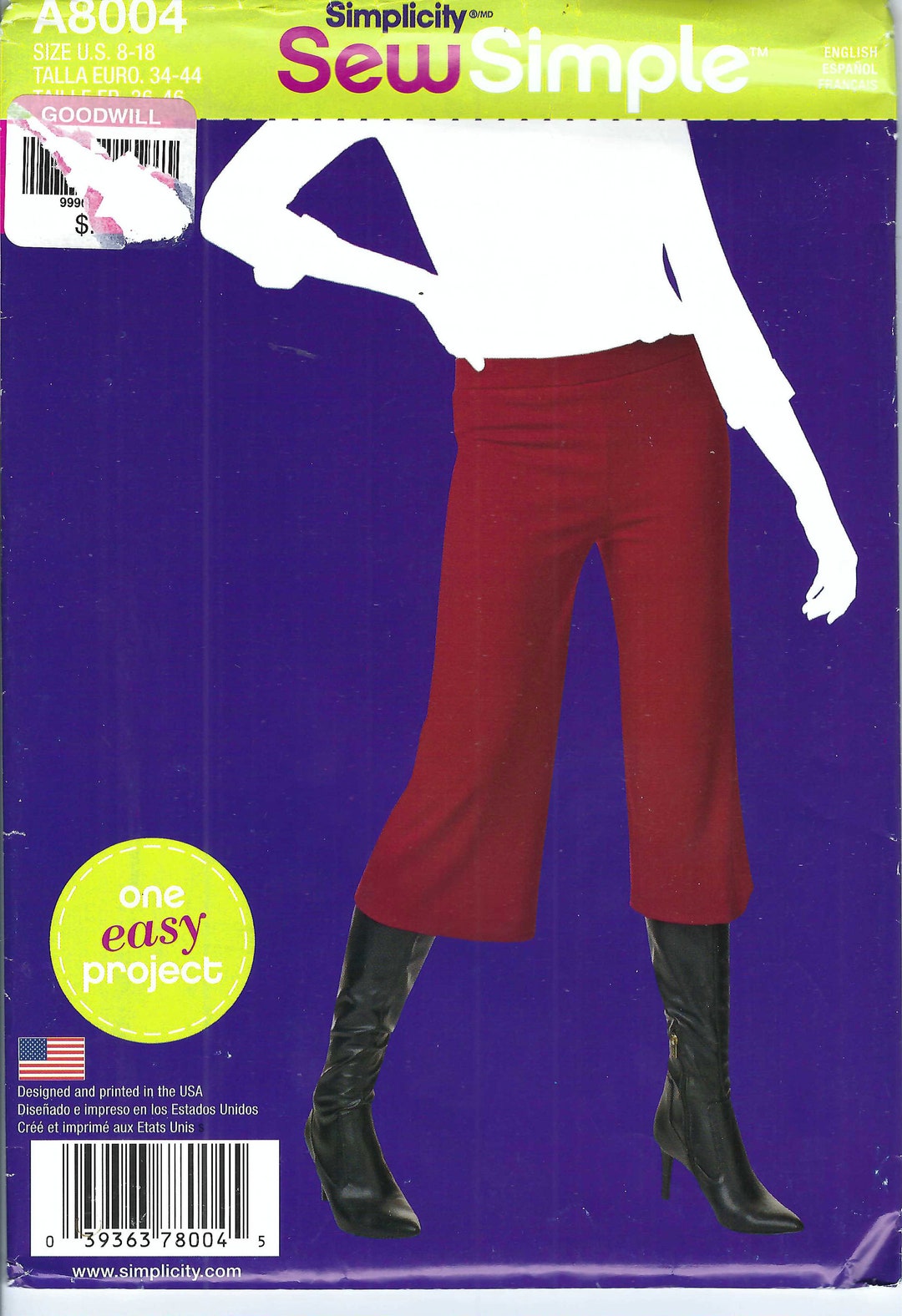 Uncut Simplicity Sewing Pattern Misses' Knit Culottes 8004 Size 8-18 FF ...