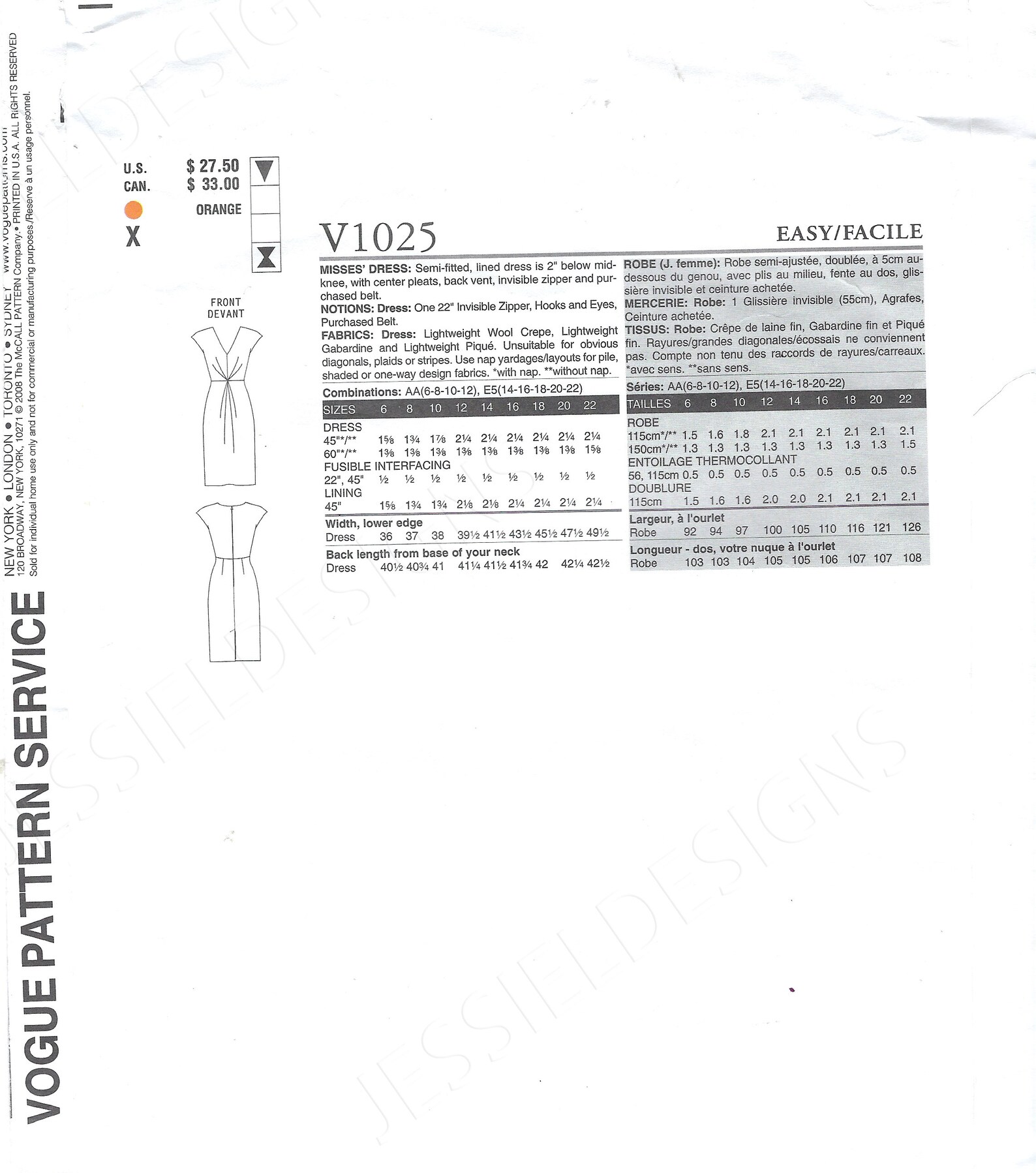 Uncut Vogue Sewing Pattern 1025 Pattern Semi Fitted Dress Size 6-12 14 ...