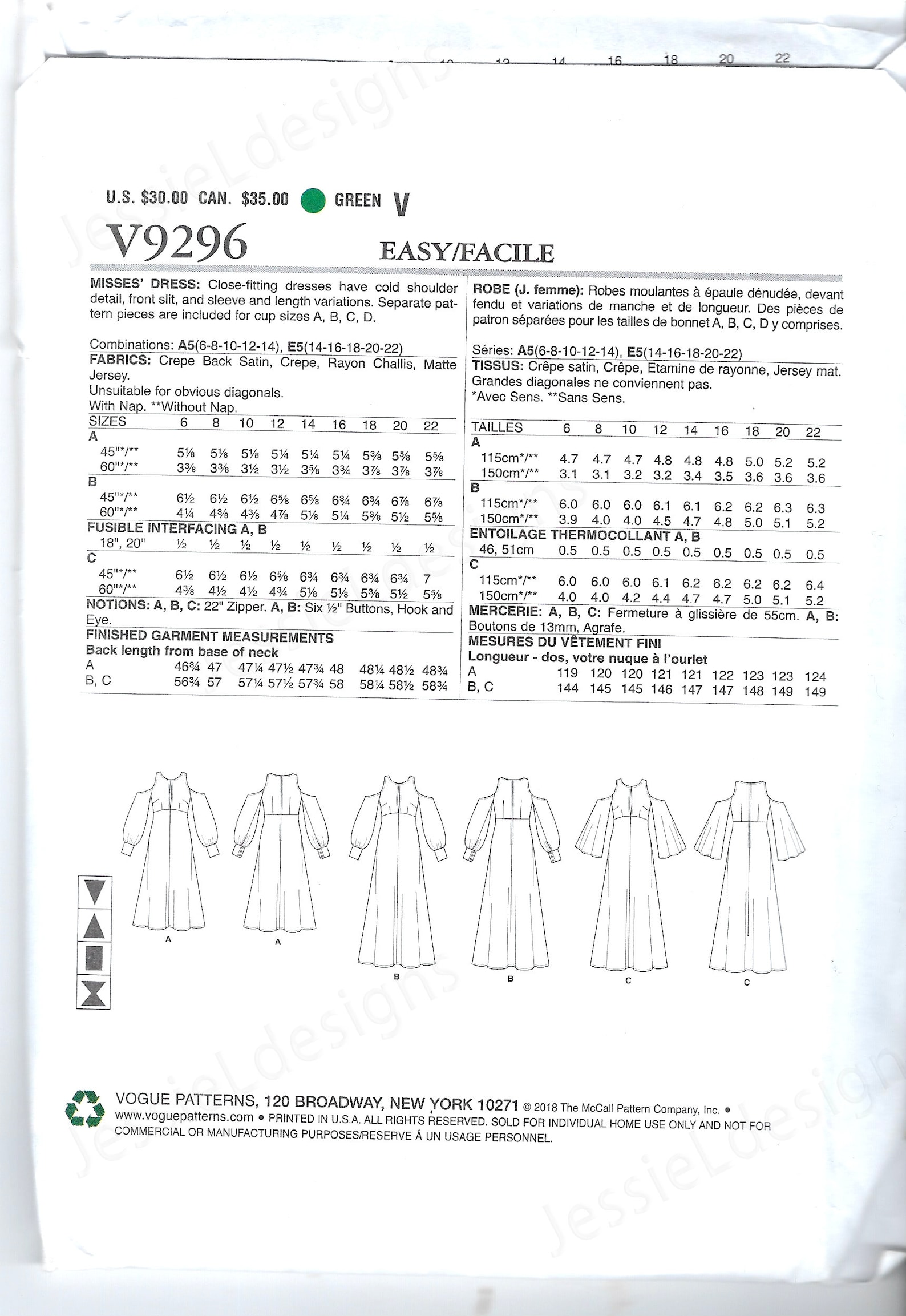 Uncut Vogue Sewing Pattern 9296 Misses' Dress Size 6-14 or 14-22 FF - Etsy
