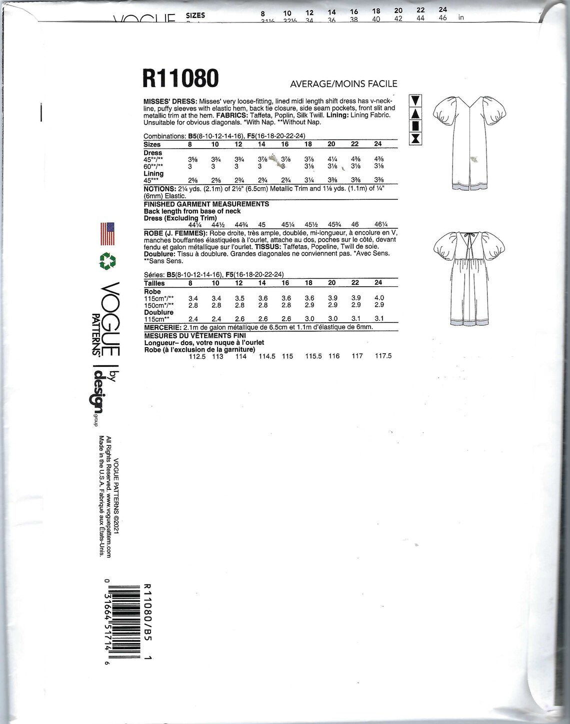 Uncut Vogue Sewing Pattern 1798 11080 Rachel Co Mey Misses Very Loose ...