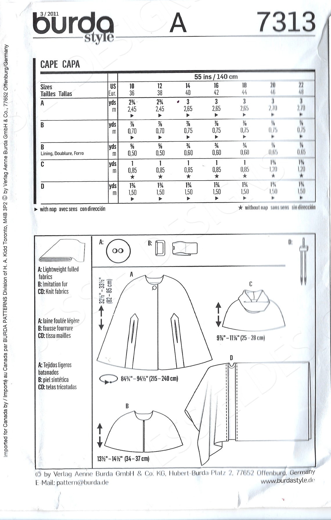 FF Burda Style Sewing Pattern 7313 Cape Wrap Shrug Capelet - Etsy