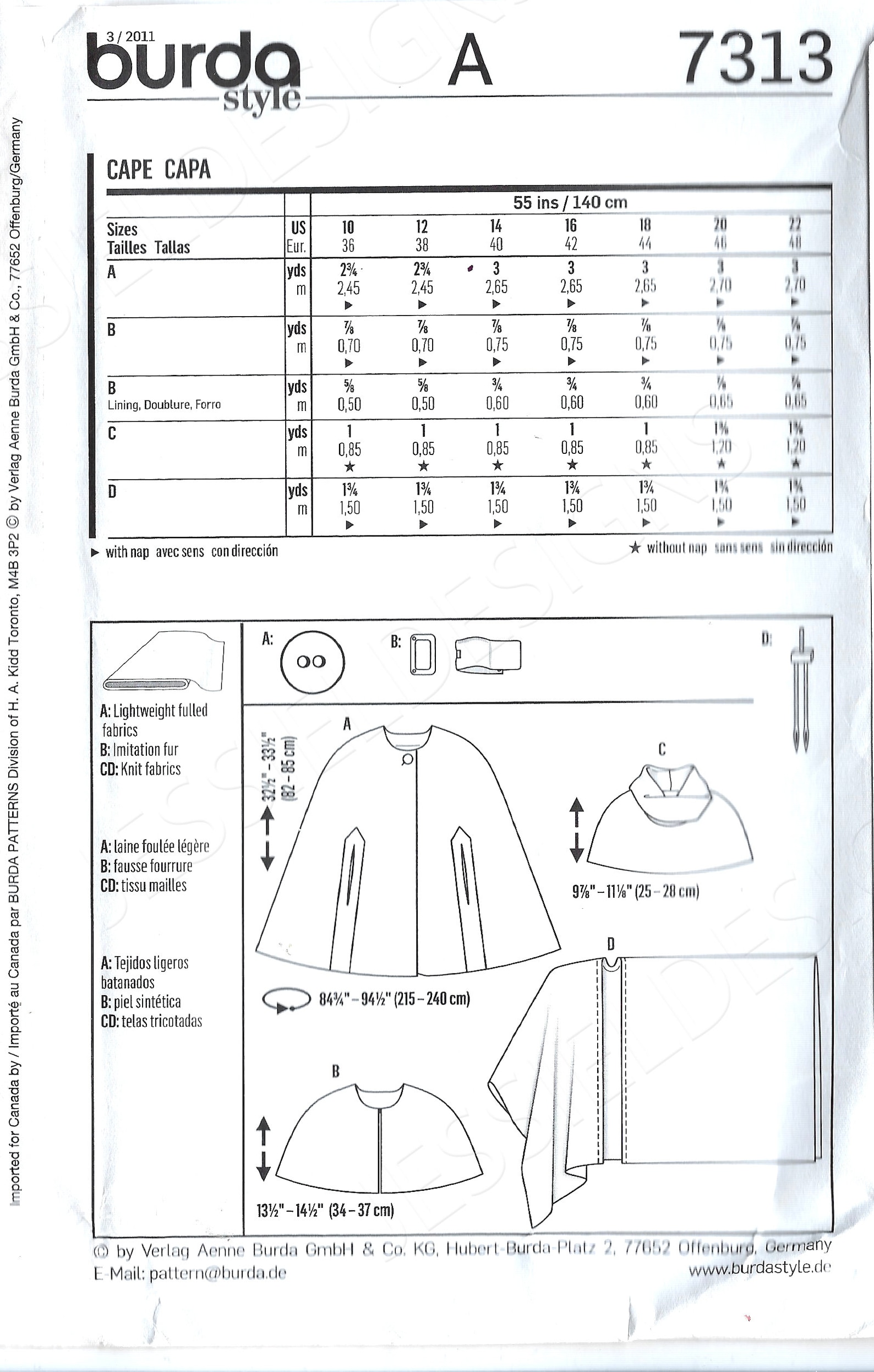 FF Burda Style Sewing Pattern 7313 Cape Wrap Shrug Capelet, Modern Boho ...