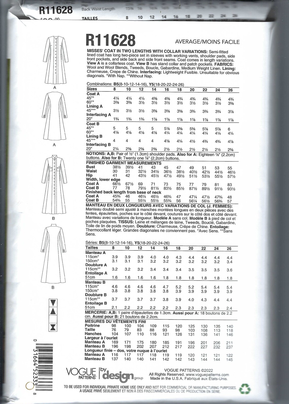 Uncut Vogue Sewing Pattern 11628 1926 Misses' Semi Fitted, Lined Coat ...