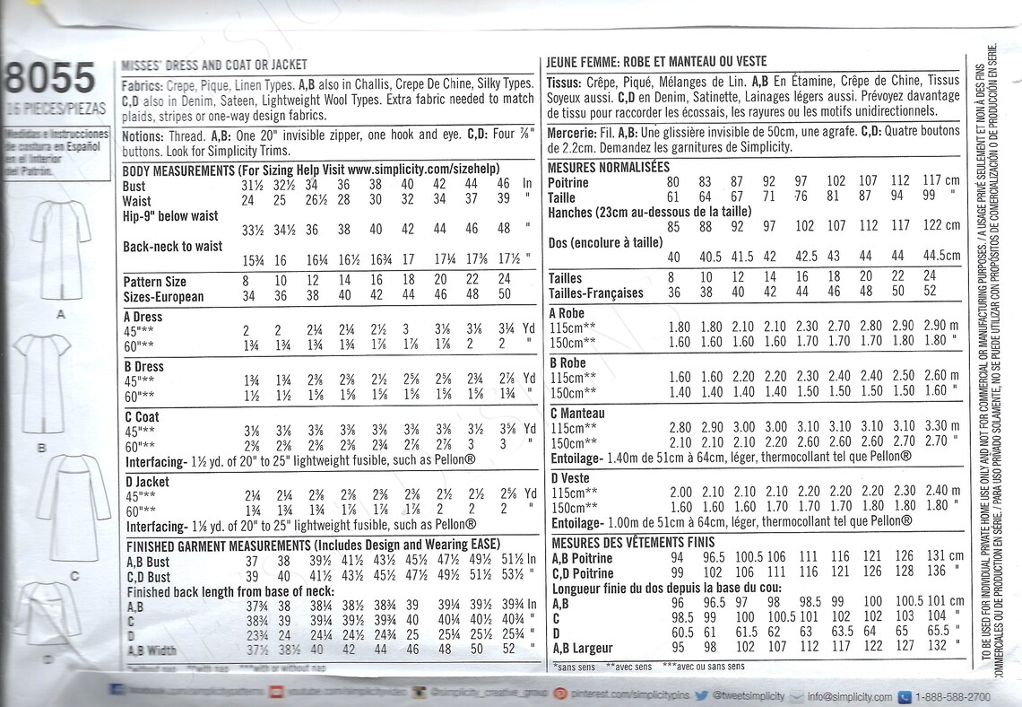 Uncut Simplicity Sewing Pattern 664 8055 Size 8-16 16-24 - Etsy