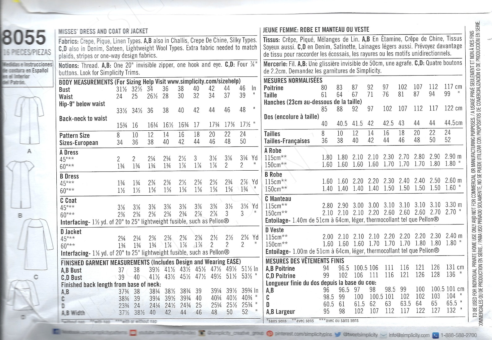 Uncut Simplicity Sewing Pattern 664 8055 Size 8-16 16-24 - Etsy