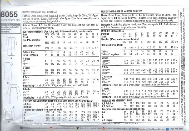 Uncut Simplicity Sewing Pattern 664 8055 Size 8-16 16-24 - Etsy