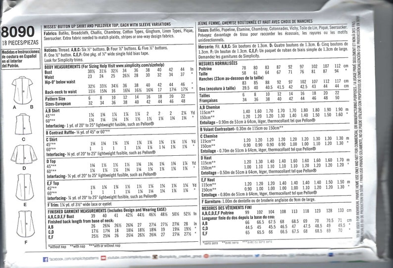 UNCUT Simplicity Sewing Pattern Blouses 8090 Size 6-14 - Etsy