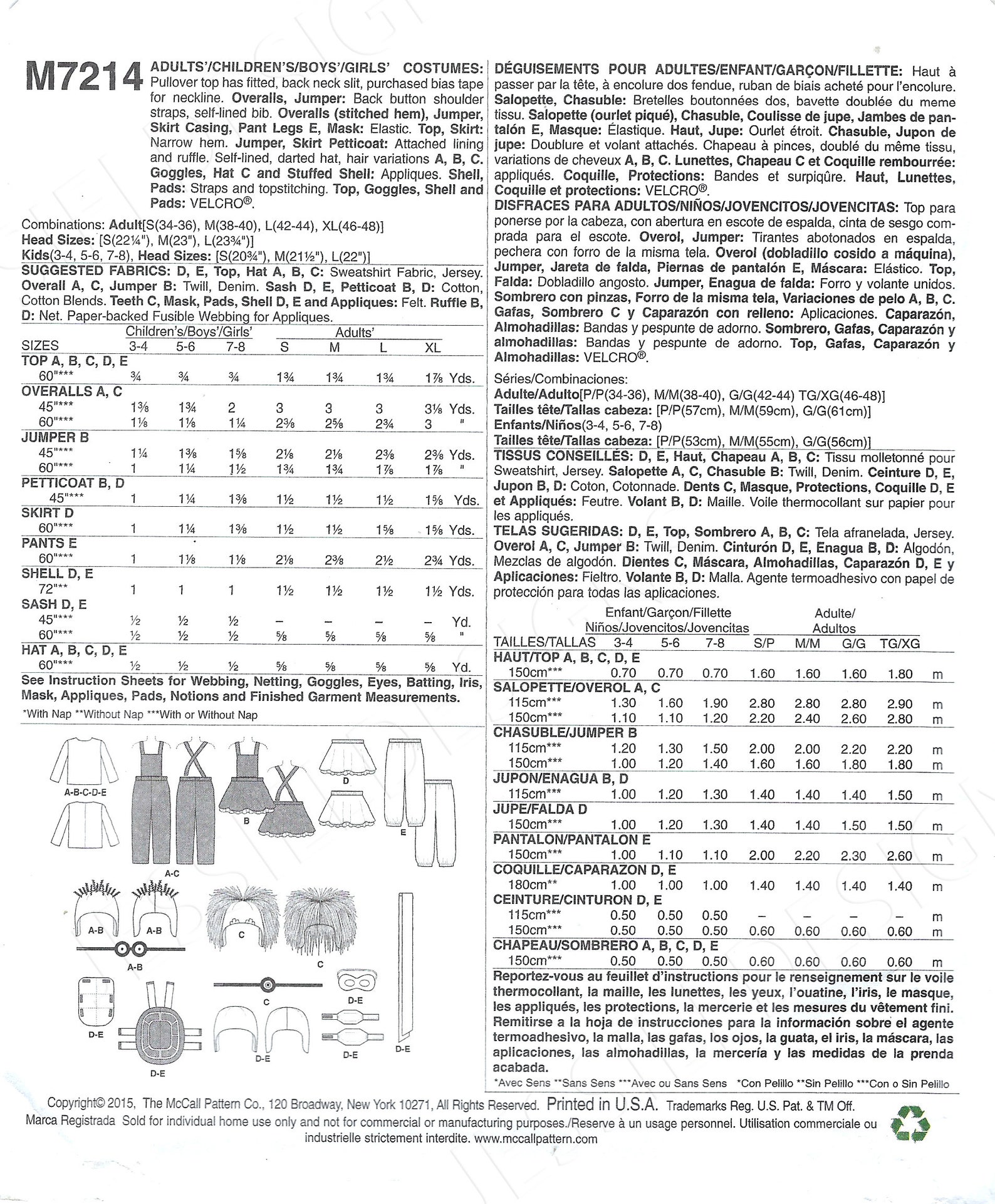 Uncut Mccalls Sewing Pattern 7214 Adult Cosplay Character Costumes Kids ...