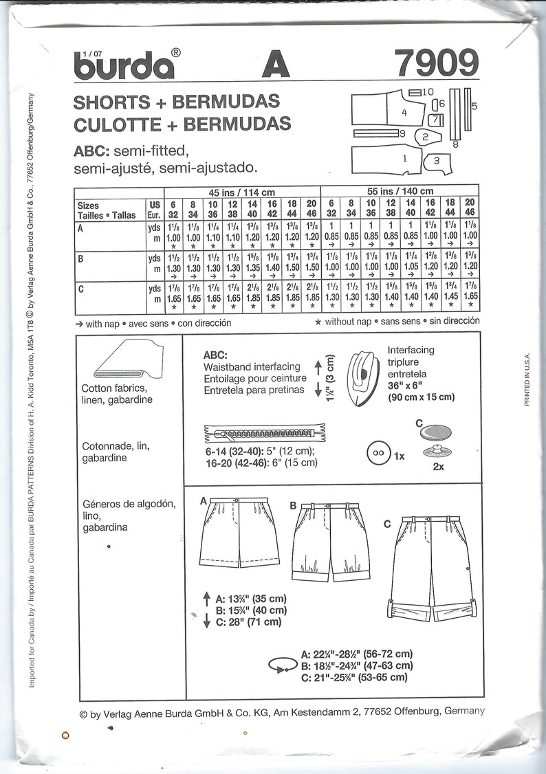 FF Burda Style Sewing Pattern 7909 Misses Shorts Size 6-20 - Etsy