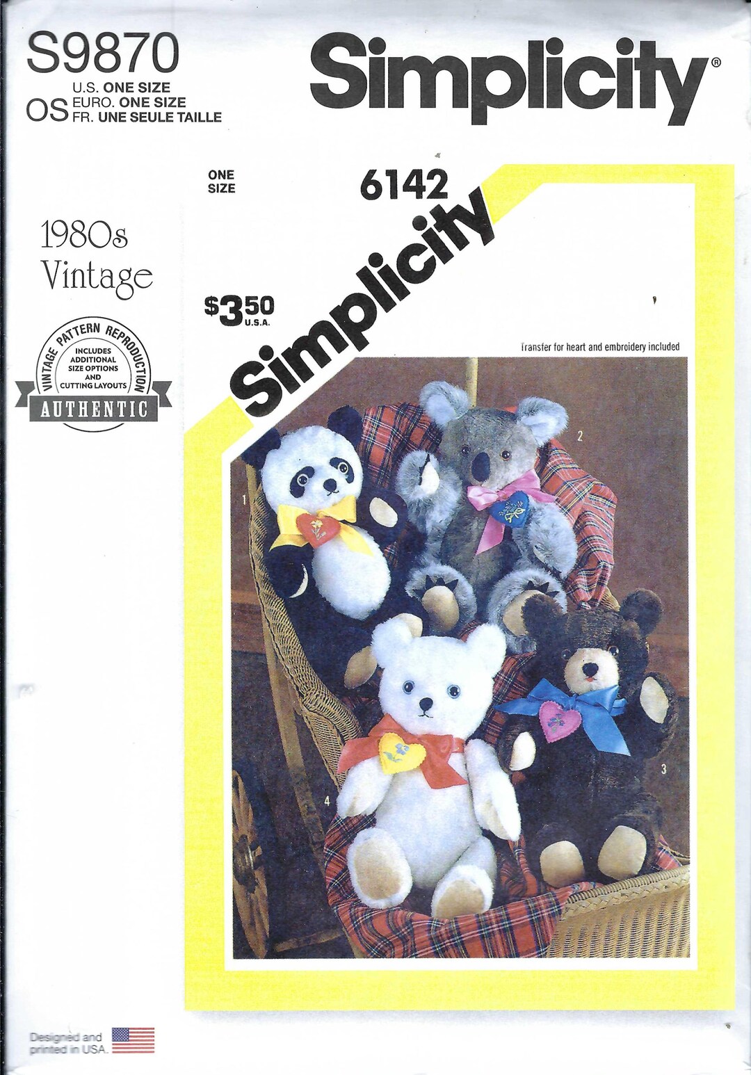 Uncut Simplicity Sewing Pattern 9870 6142 Stuffed Animals Plush Toys ...