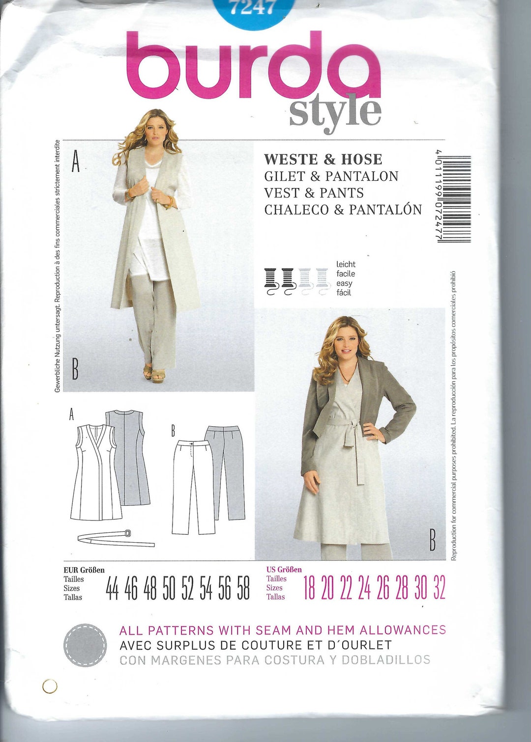 Uncut Burda Style Sewing Pattern 7247 Vest & Pants Size 18-32 FF - Etsy