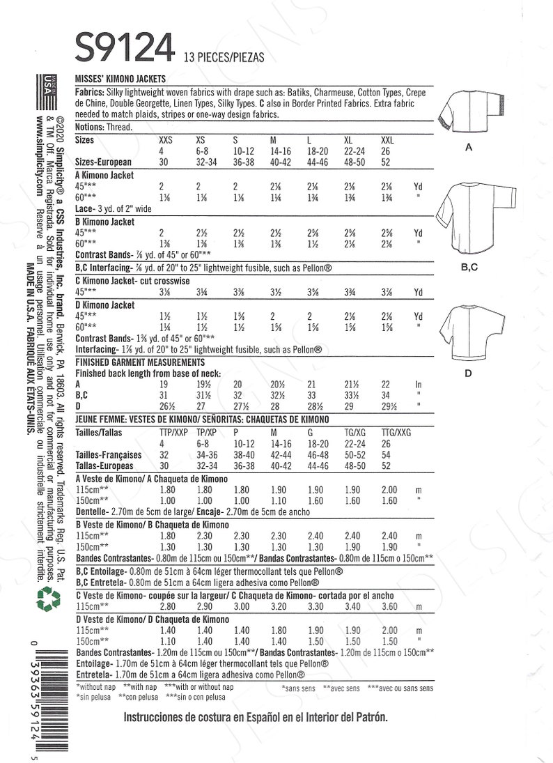 Uncut Simplicity Sewing Pattern 9124 1318 Misses Kimono Jackets Sizes ...