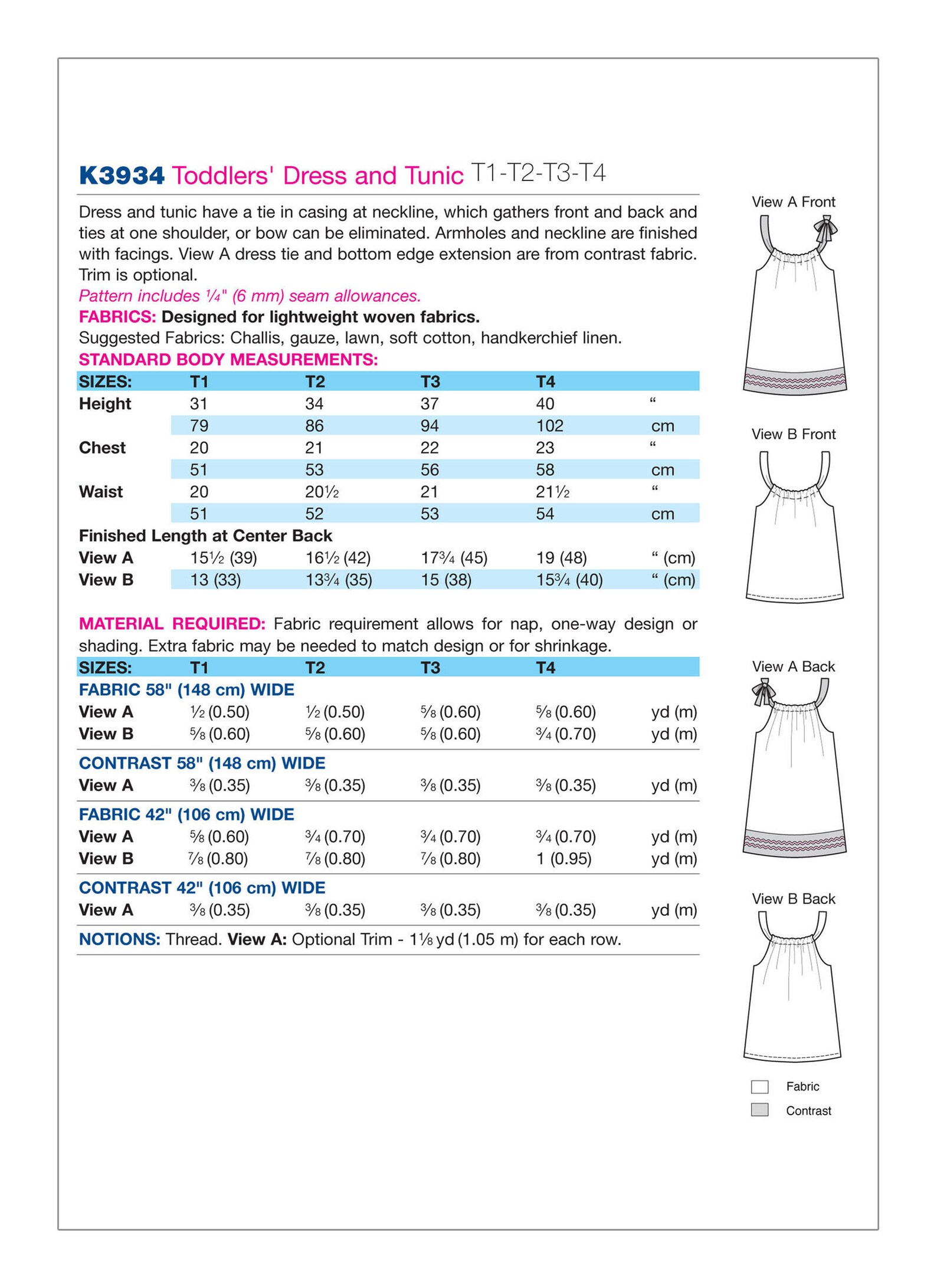 Kwik Sewing Pattern Sew 3934 Toddlers' Gathered-neck Dress and Tunic ...