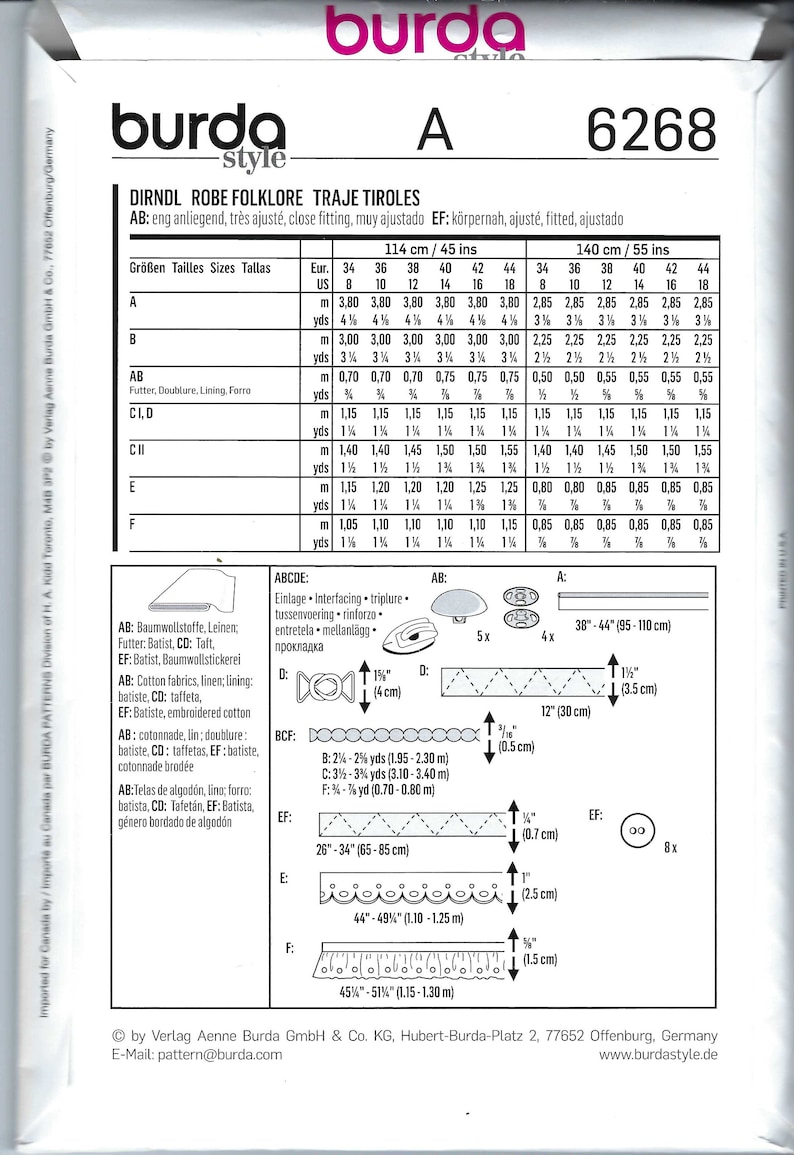 Uncut Burda Style Sewing Pattern Dress Two Dirndl With Blouse Apron ...