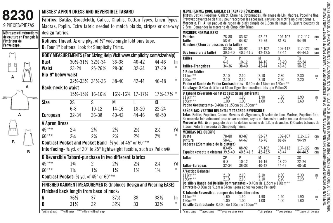 Uncut Simplicity Pattern 8230 Apron Dress Size XS-XL FF - Etsy