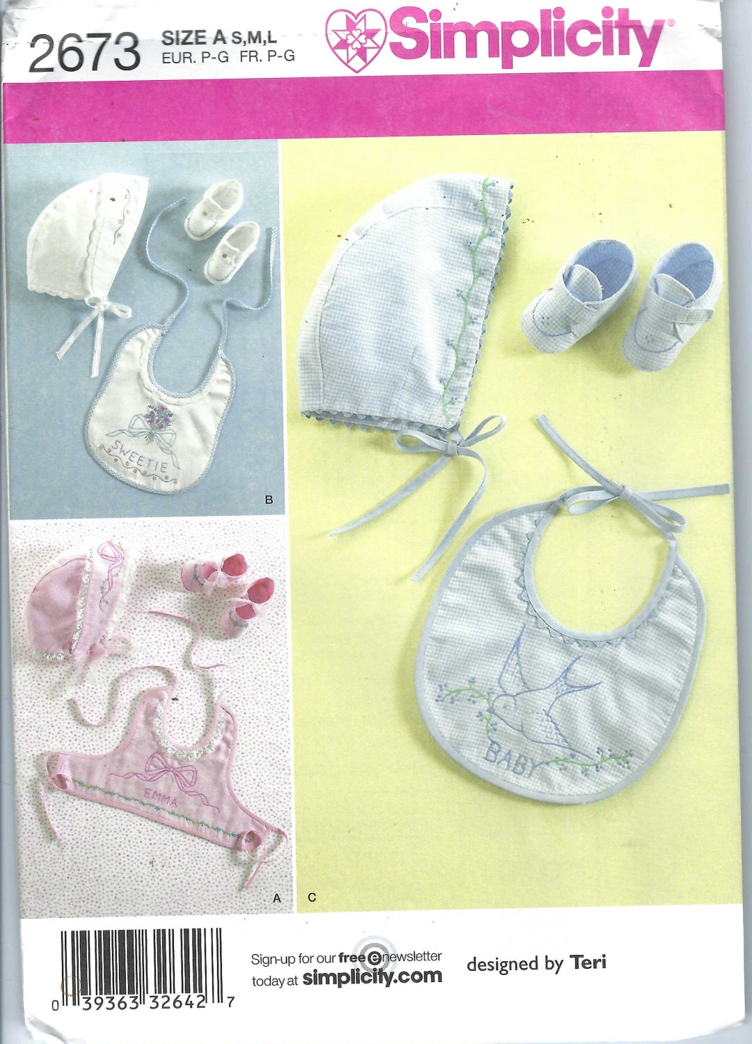 Uncut Simplicity Sewing Pattern 2673 Baby Infant Bonnet Booties Bibs ...