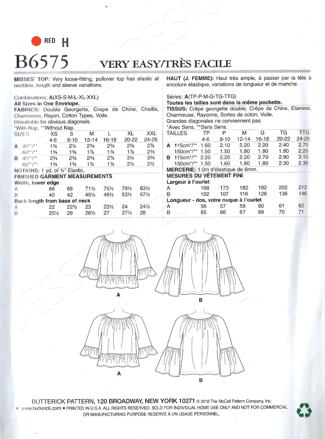 Uncut Butterick sewing pattern 6575 Misses' Tops Size A | Etsy