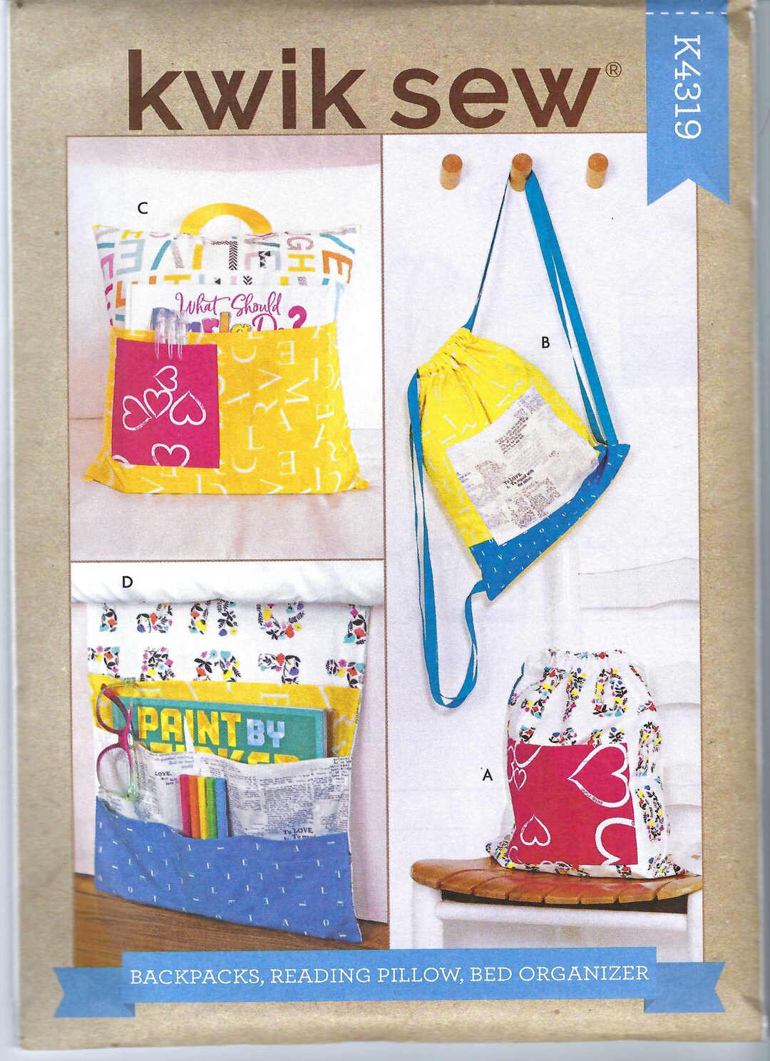 Uncut Kwik Sewing Pattern 4319 Backpacks, Reading Pillow, Bed Organizer ...