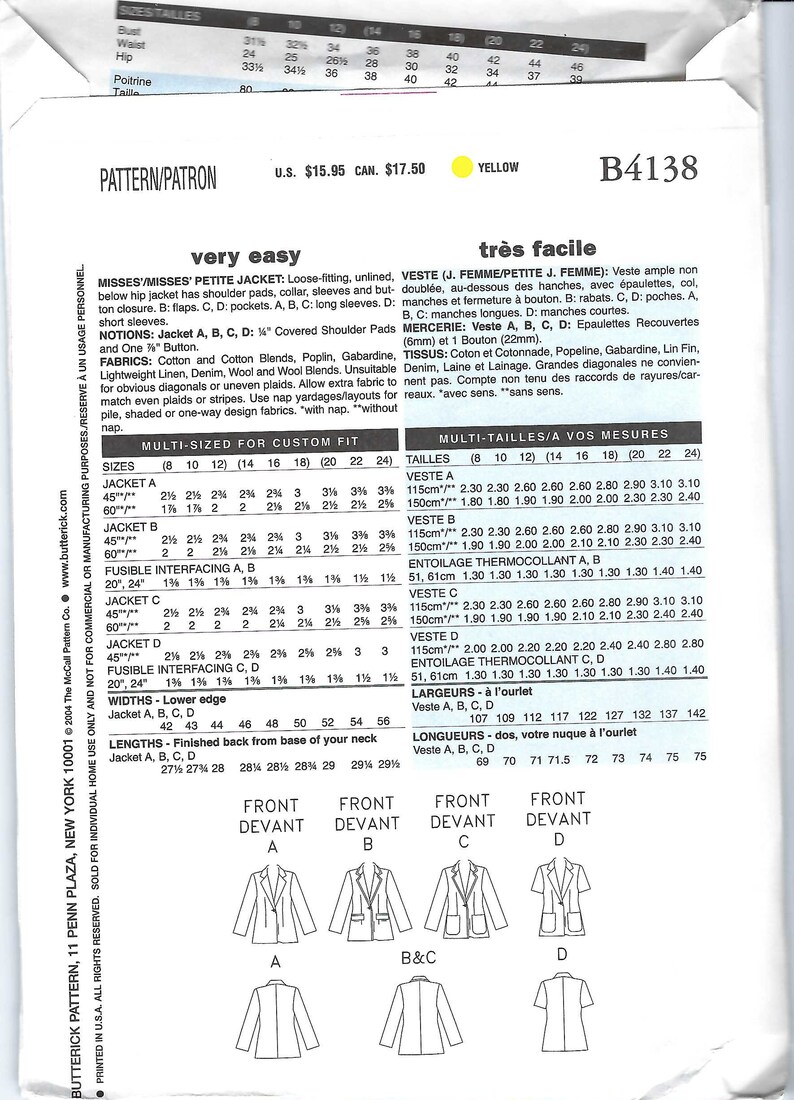 Uncut Butterick Sewing Pattern 4138 Misses Very Easy Loose Etsy